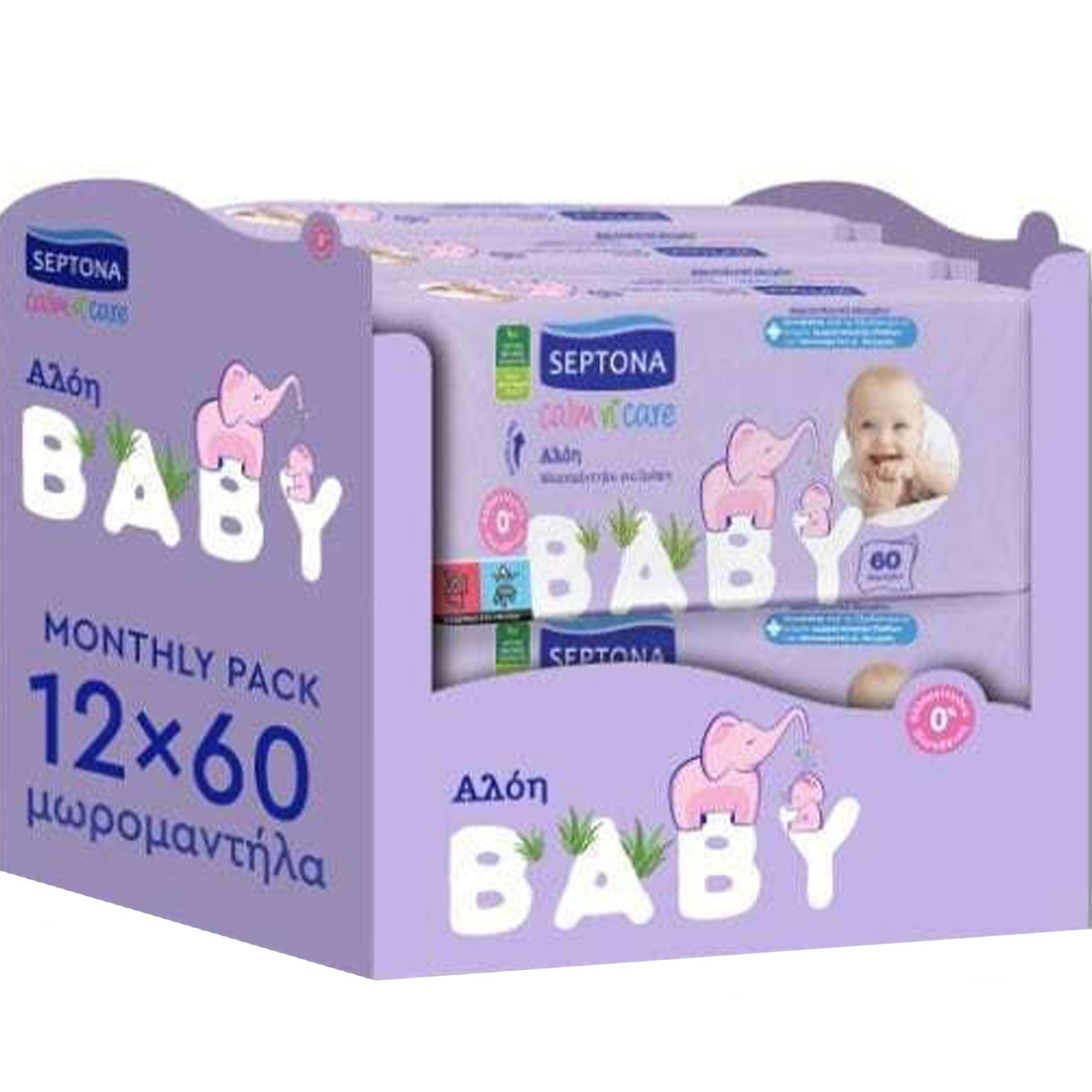 Septona Baby Calm n' Care Wipes Aloe Monthly Pack 720 Τεμάχια (12x60 ...